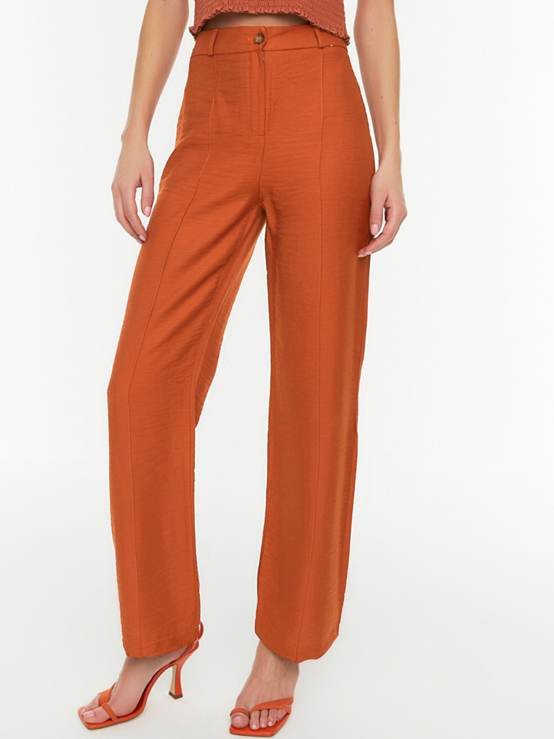 Buy Trendyol Women Rust Red High Rise Trousers - Trousers for Women ...