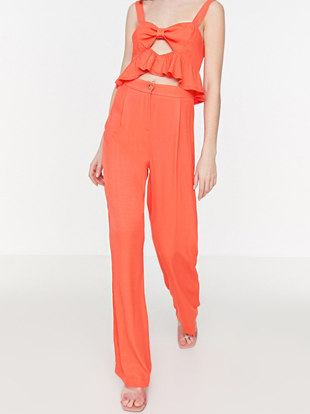 Buy Trendyol Women Coral Red Flared High Rise Trousers - Trousers for ...