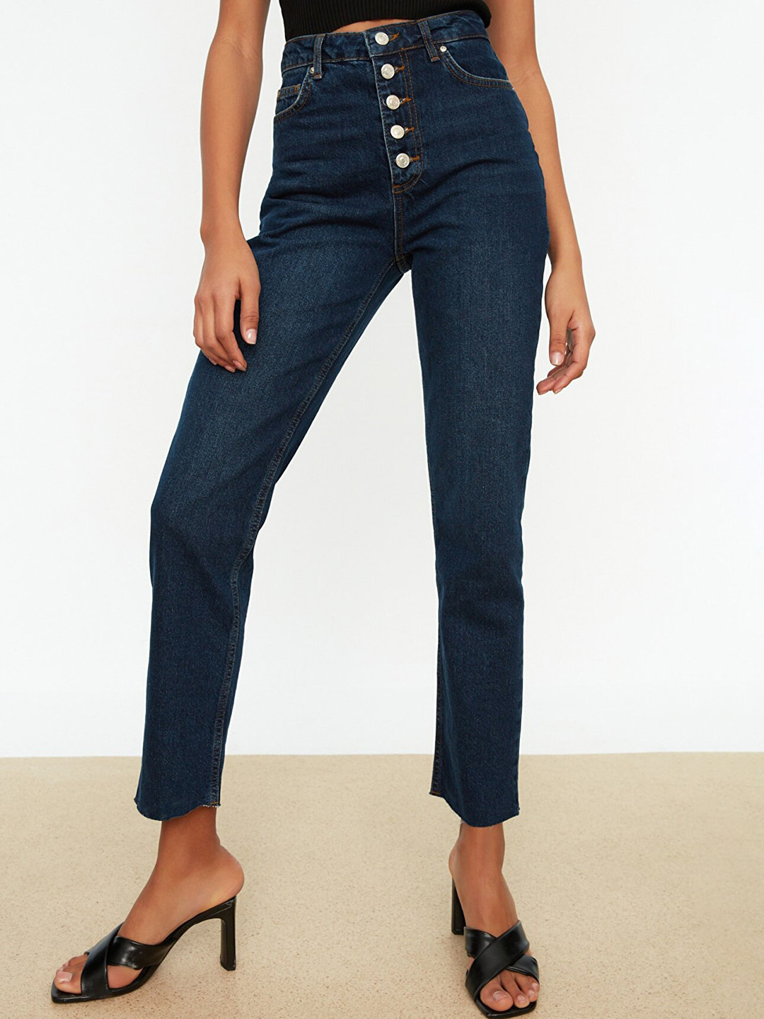 Buy Trendyol Women Navy Blue Pure Cotton High Rise Jeans - Jeans for ...