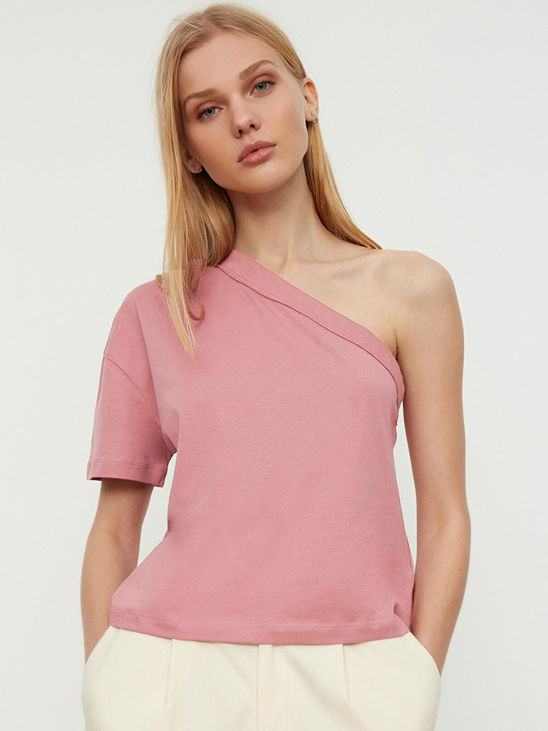 Buy Trendyol Dusty Pink Pure Cotton Solid One Shoulder Top - Tops for ...