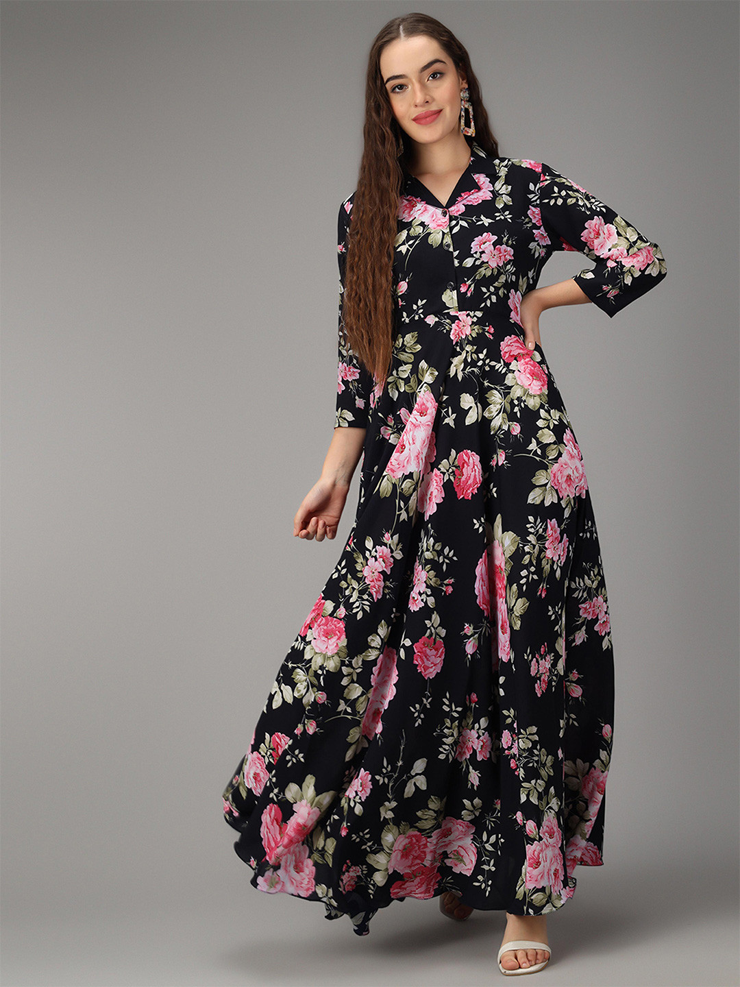 Buy Rudraaksha Creations Black & Xiketic Floral Crepe Maxi Dress ...