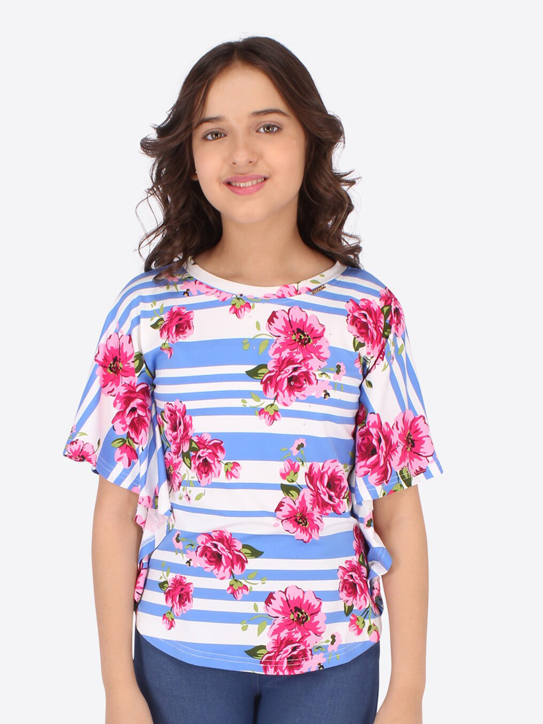 Buy CUTECUMBER Blue Floral Print Applique Top - Tops for Girls 18777042 ...