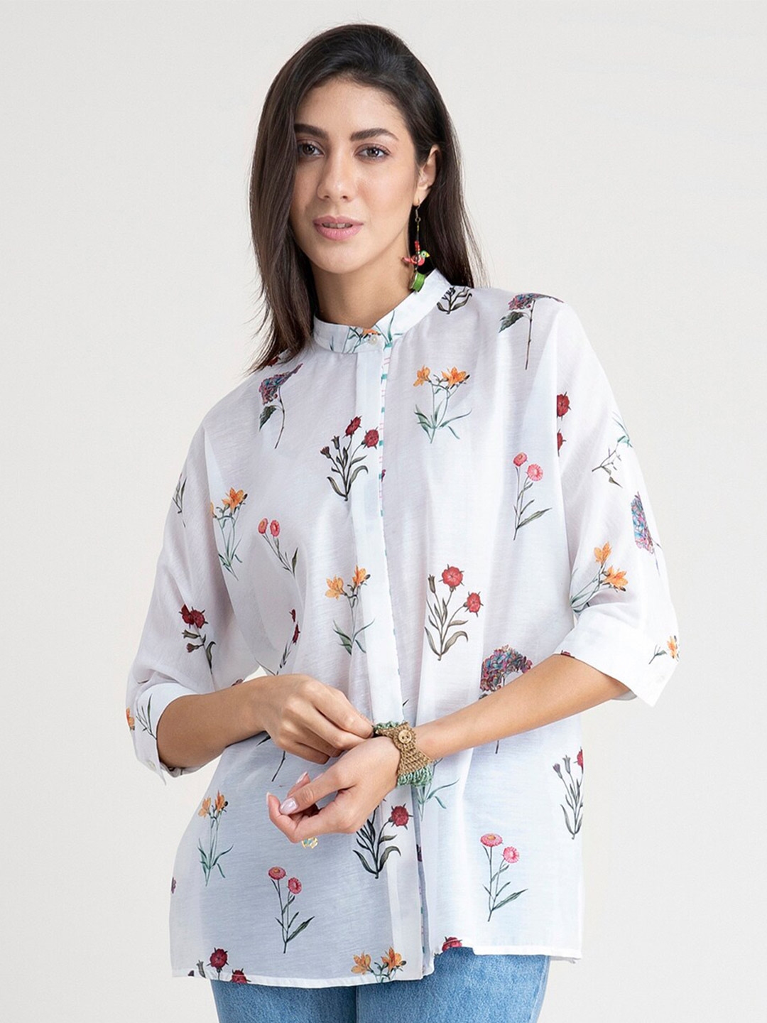 Buy Pink Fort White Floral Print Mandarin Collar Shirt Style Top Tops