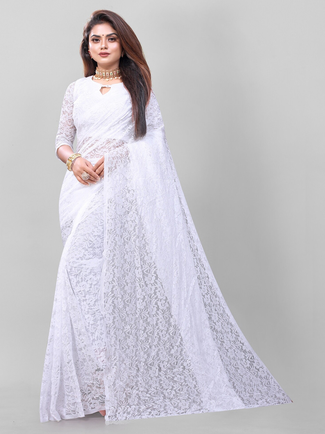 Buy APNISHA White Floral Net Saree - Sarees for Women 18781374 | Myntra