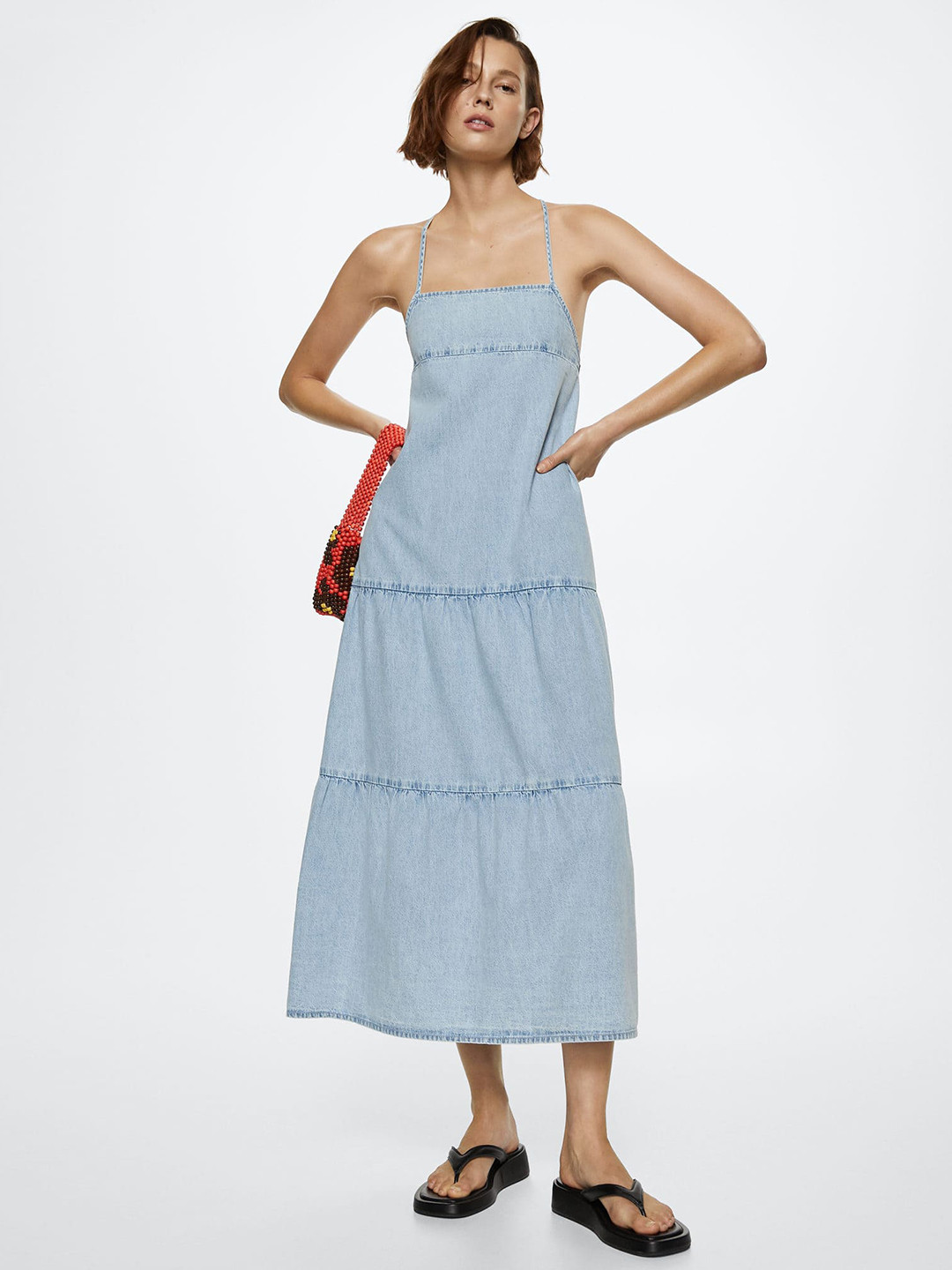 Buy MANGO Women Blue Pure Cotton Solid A Line Tiered Midi Dress With ...