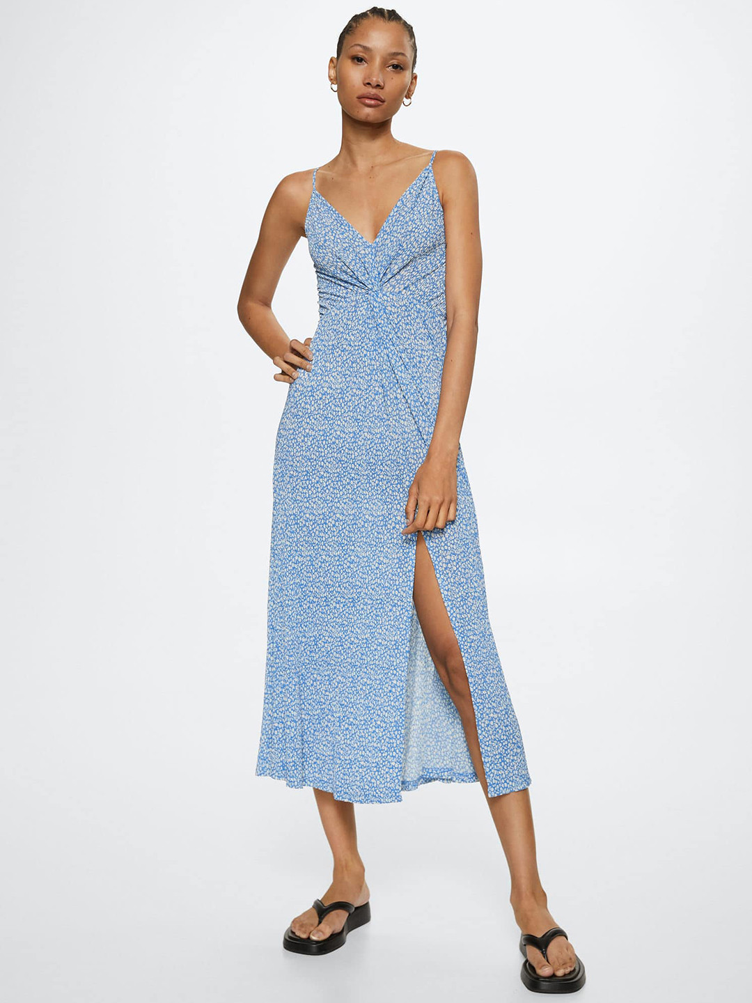 Buy MANGO Blue & White Floral Front Slit Sheath Midi Dress - Dresses ...