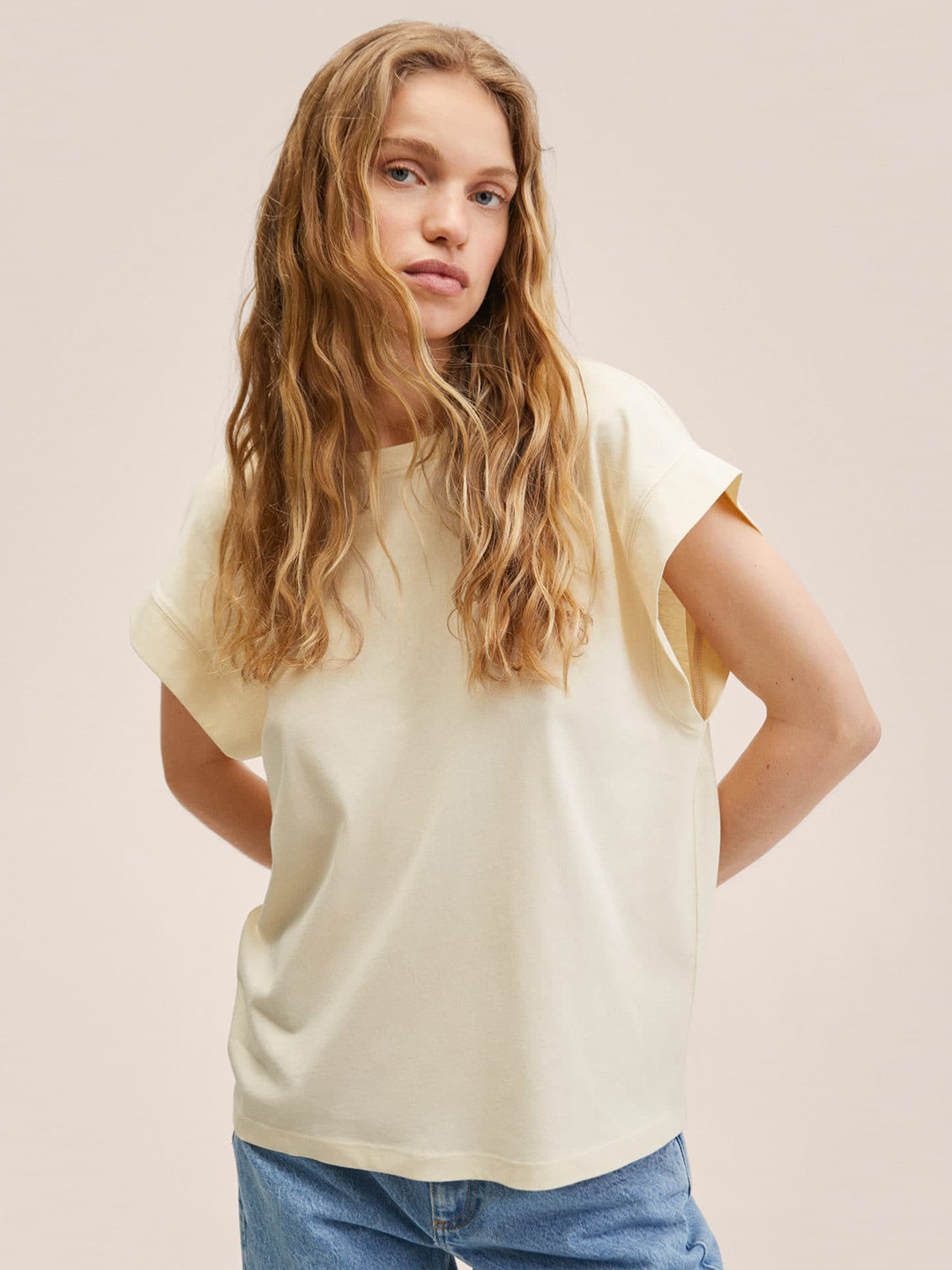 Buy MANGO Women Cream Coloured Extended Sleeves Pure Cotton T Shirt ...
