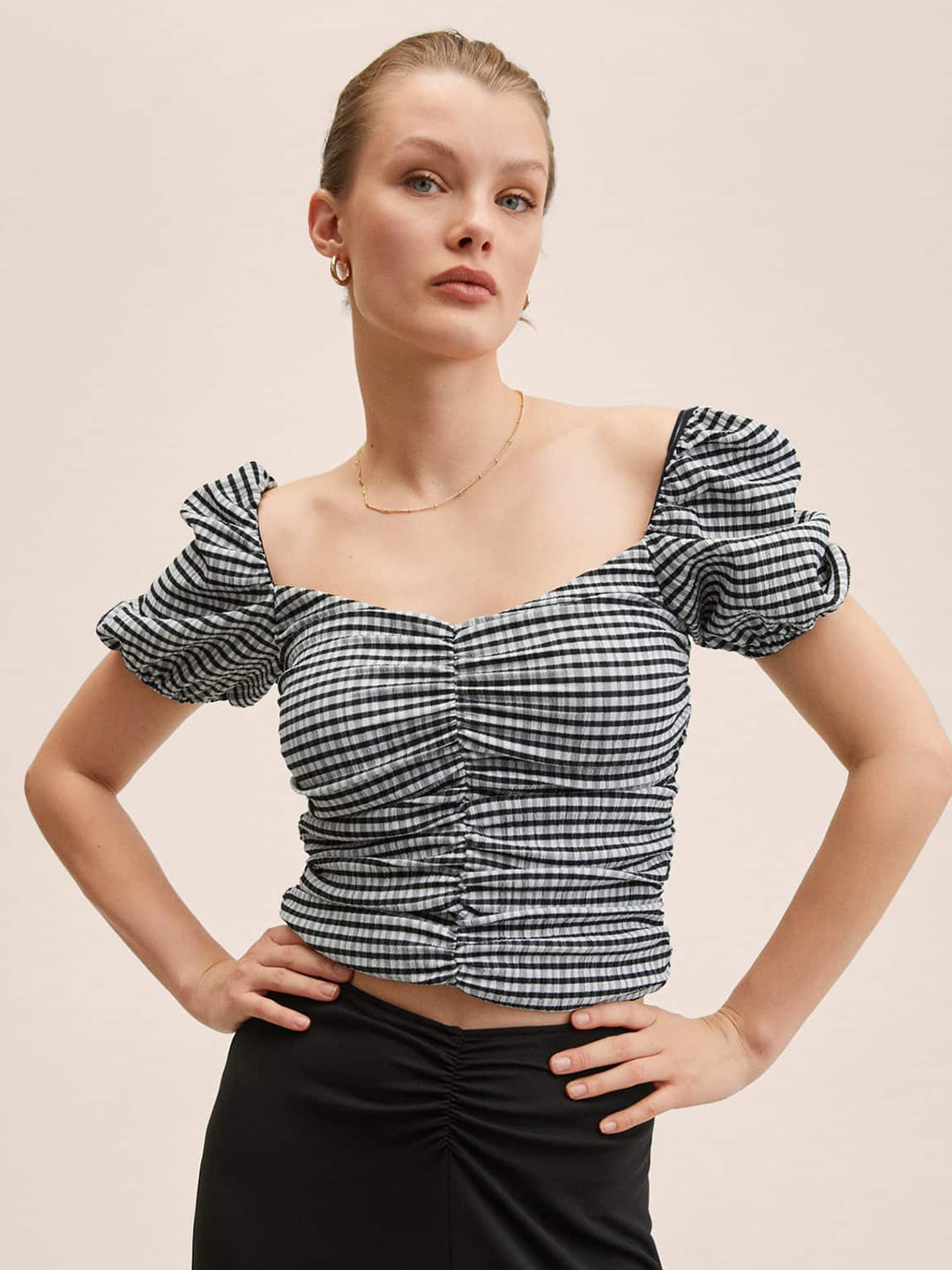 Buy MANGO Black & White Checked Ruched Sweetheart Neck Crop Top - Tops ...