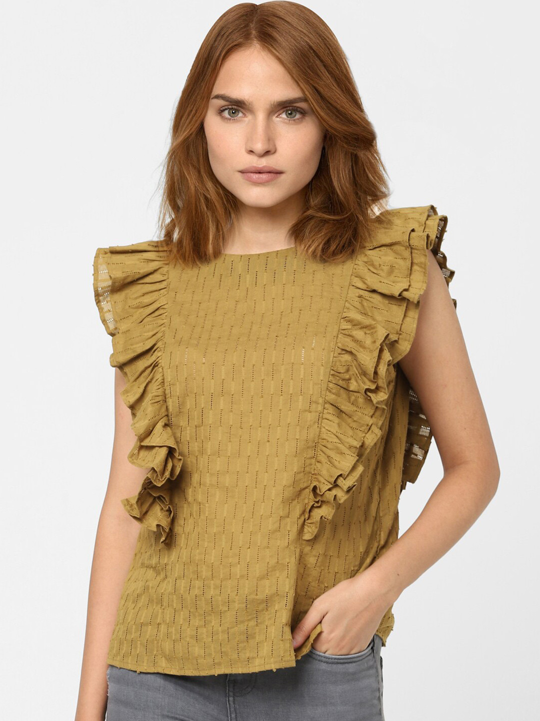 Buy Vero Moda Khaki Self Design Ruffles Top - Tops for Women 18786320 ...