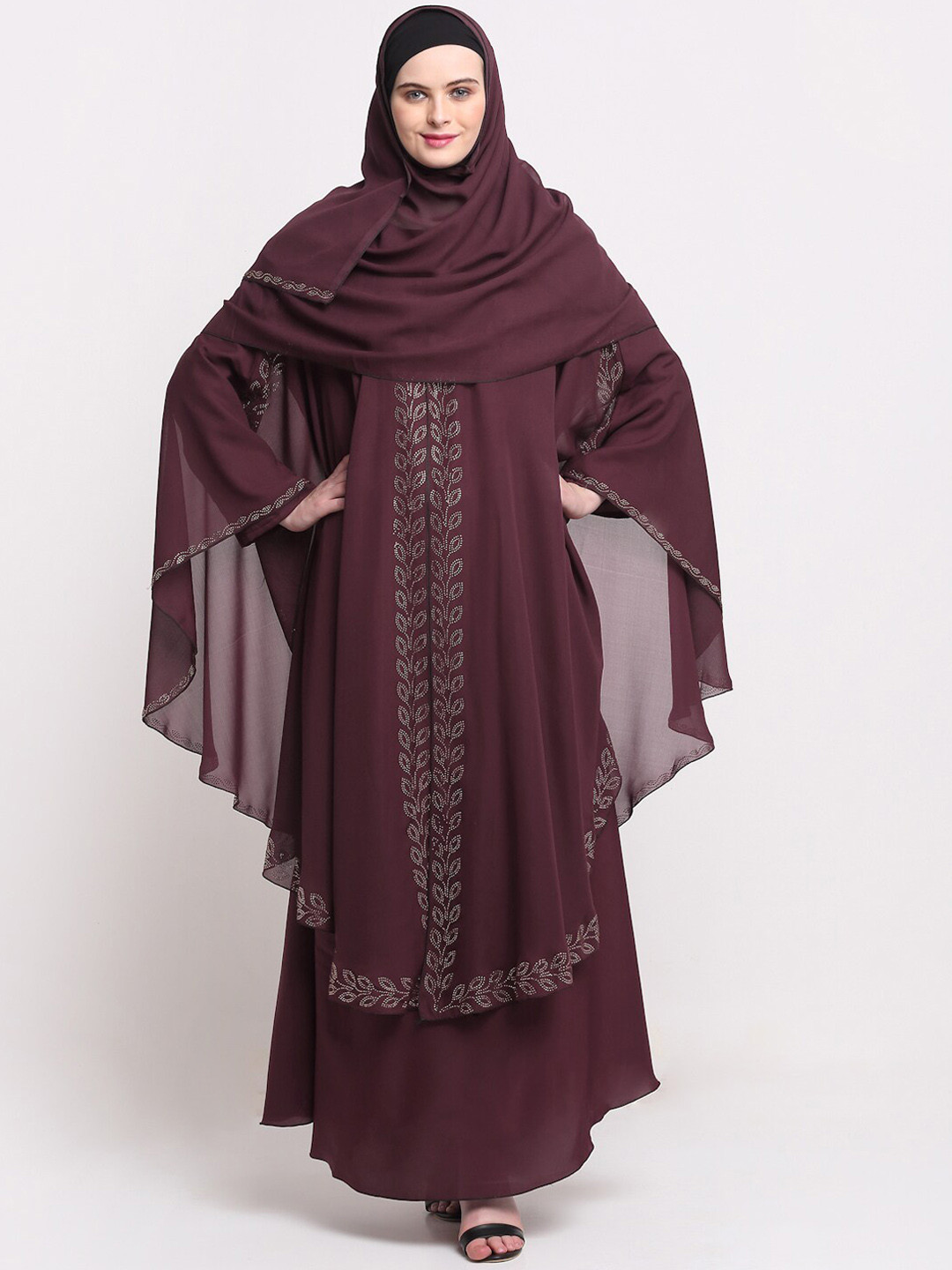 Buy KLOTTHE Women Maroon & Silver Coloured Embellished Burqas With ...
