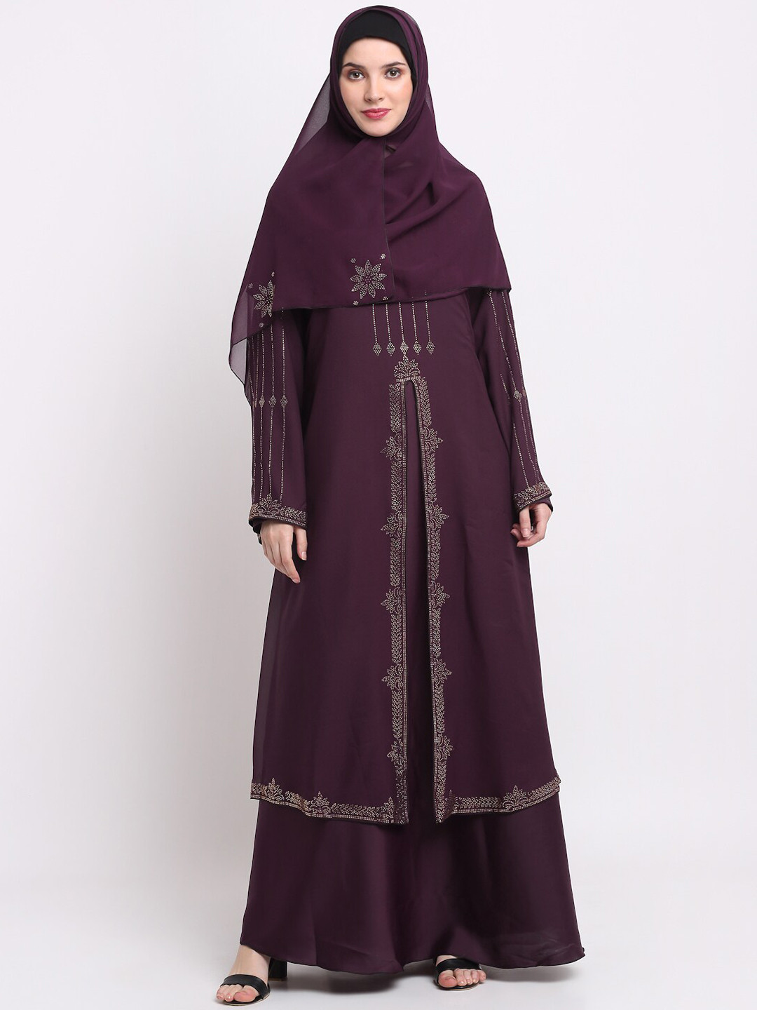 Buy KLOTTHE Women Burgundy Purple & Silver Coloured Embellished Burqas ...