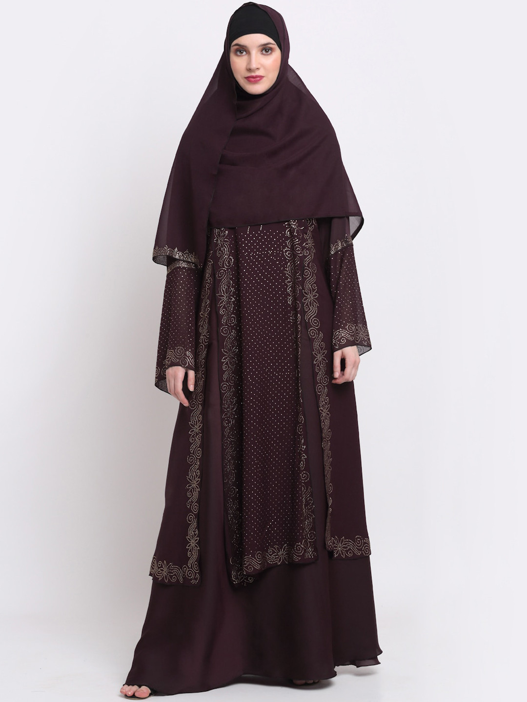 Buy KLOTTHE Women Burgundy Embellished Burqa With Scarf - Burqas for ...