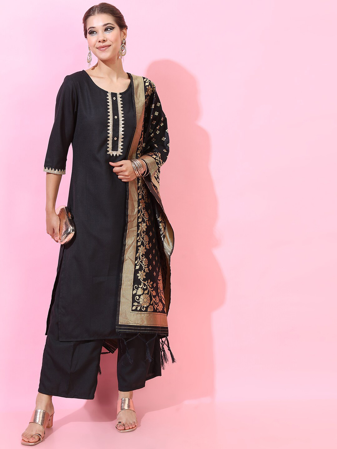 Buy Vishudh Women Black Yoke Design Panelled Kurta With Trousers & With ...