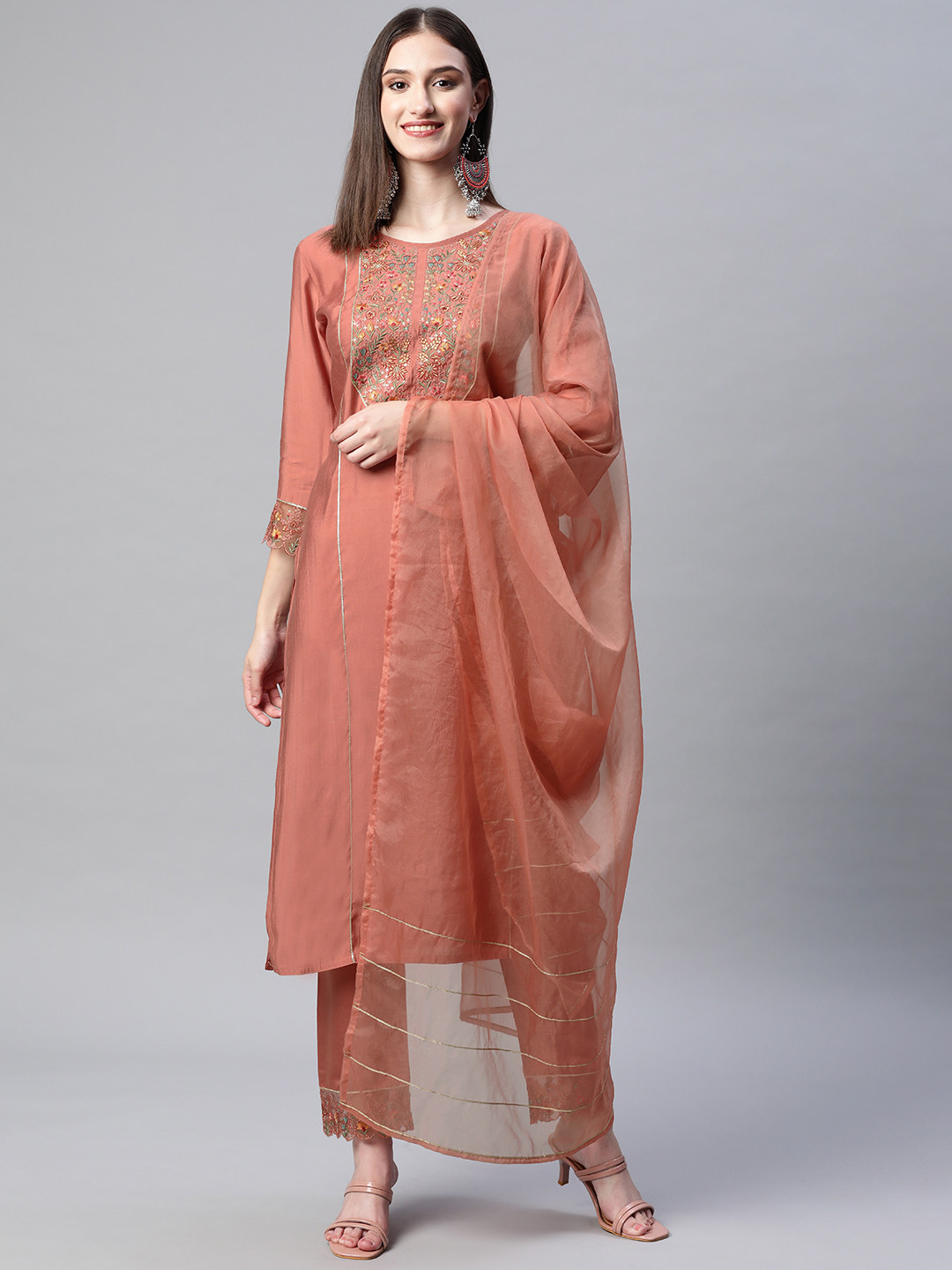 Buy SheWill Women Rust Orange Ethnic Motifs Embroidered Kurta With ...