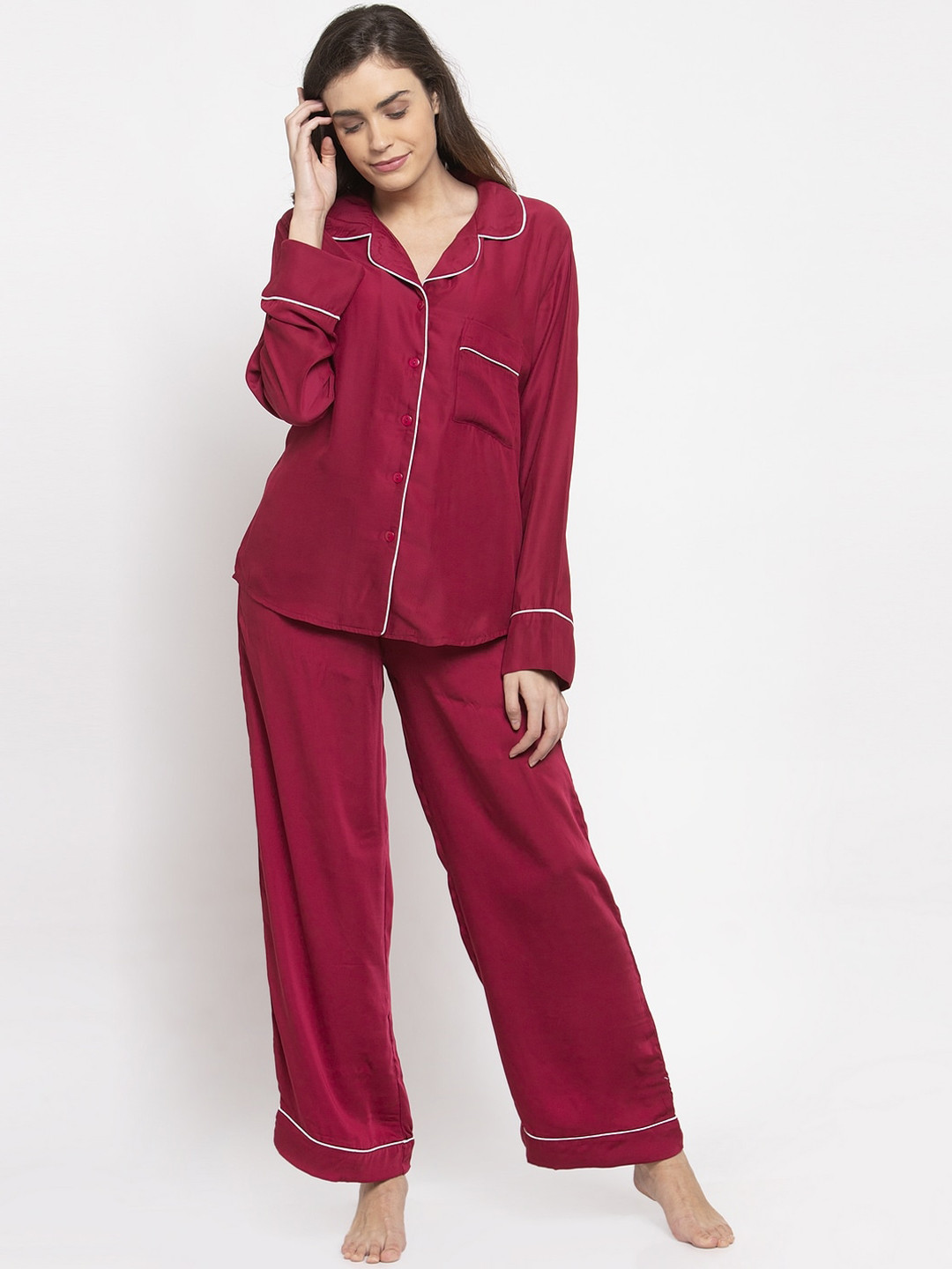 Buy DOOR74 Women Maroon & White Night Suit - Night Suits for Women ...