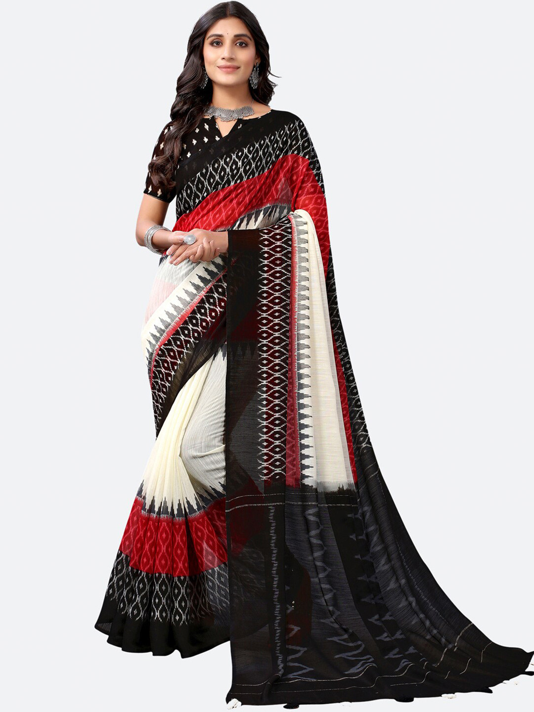 Buy SIRIL Off White & Black Ikat Saree - Sarees for Women 18801442 | Myntra