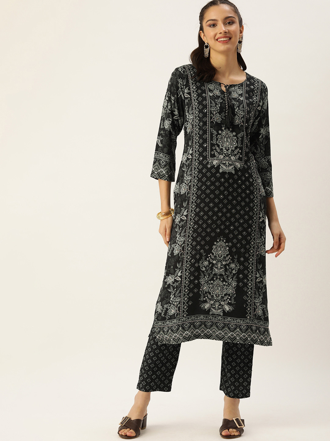 Buy Kay Fashions Women Black Floral Printed Sequinned Kurta With ...