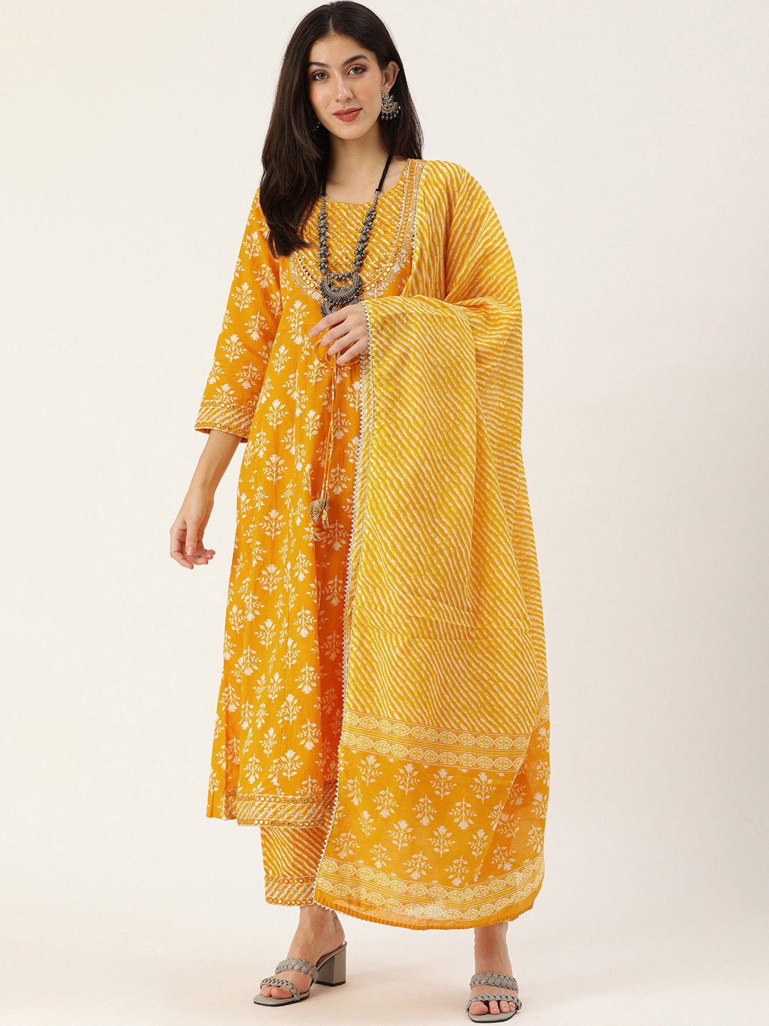 Buy Kay Fashions Women Mustard Yellow Leheriya Printed Cotton Kurta ...