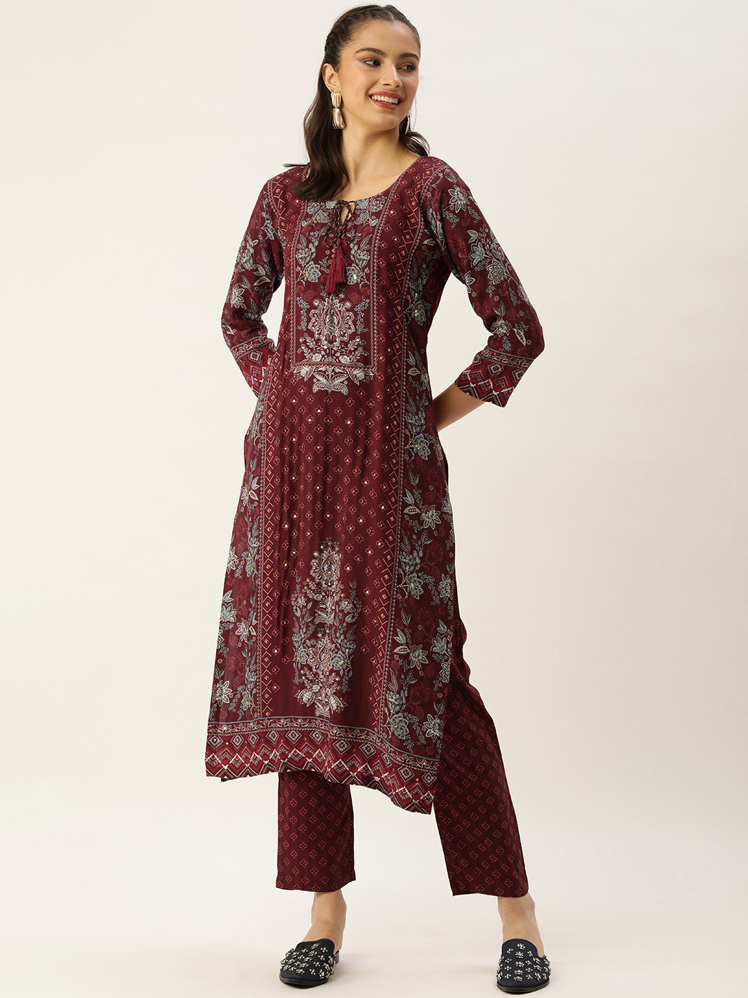Buy Kay Fashions Women Maroon Ethnic Motifs Printed Sequinned Kurta ...