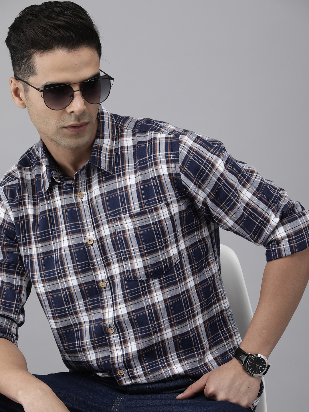 Buy BEAT LONDON By PEPE JEANS Men Navy Blue & White Slim Tartan Checked ...