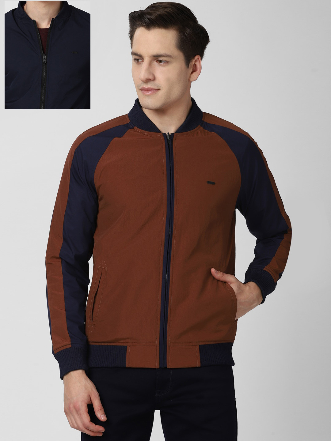 Buy Peter England Casuals Men Navy Blue Colourblocked Bomber Jacket ...