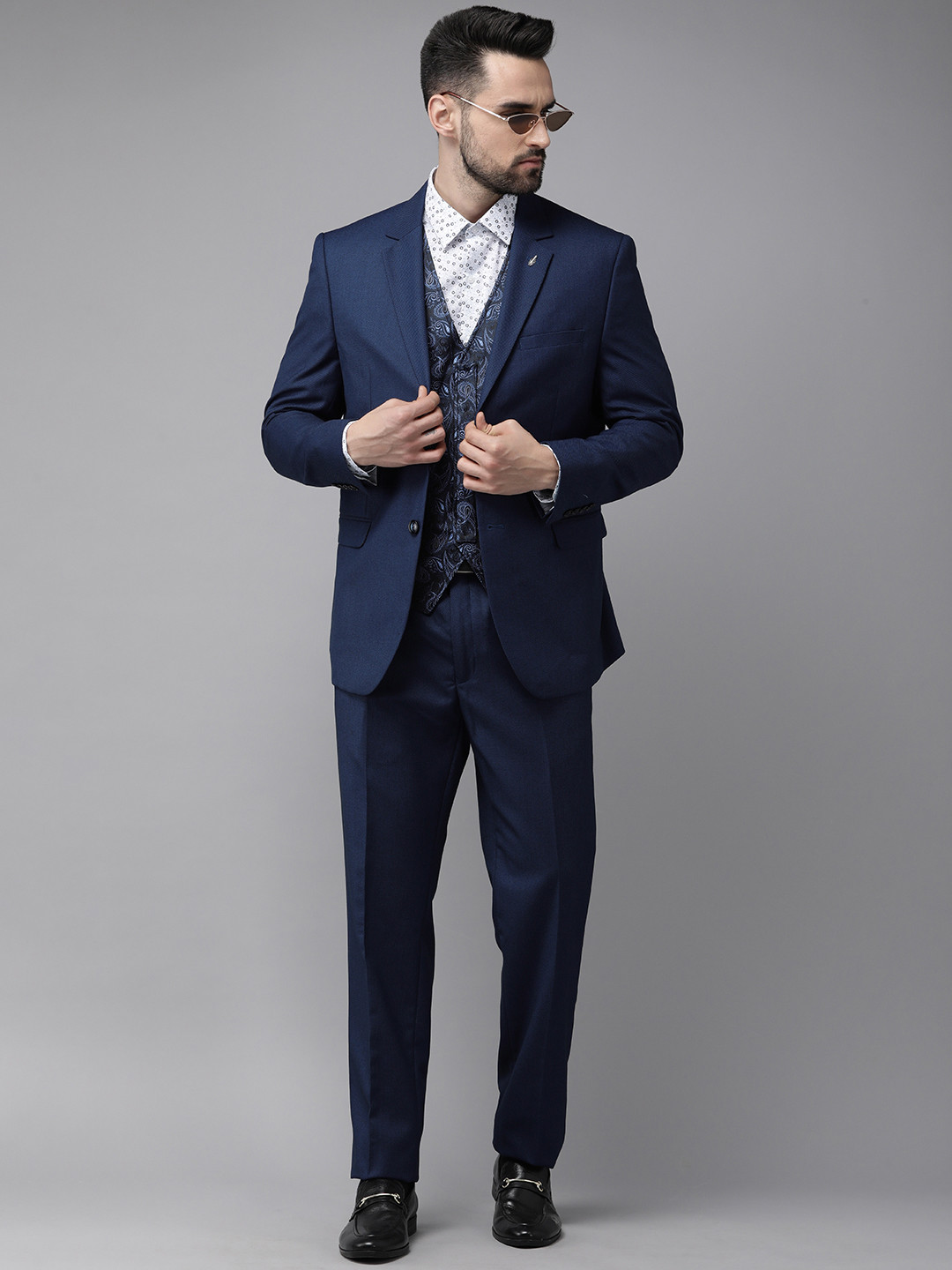 Buy Van Heusen Men Navy Blue Checked Slim Fit 4 Piece Formal Suit ...