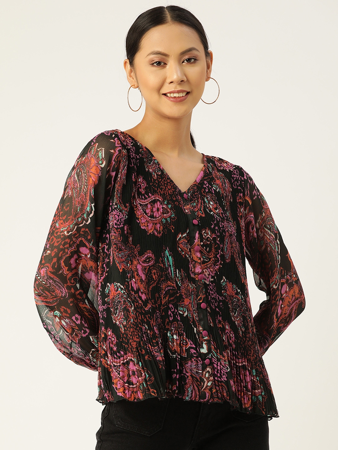 Buy Antheaa Women Black And Orange Ethnic Motif Print Puff Sleeves