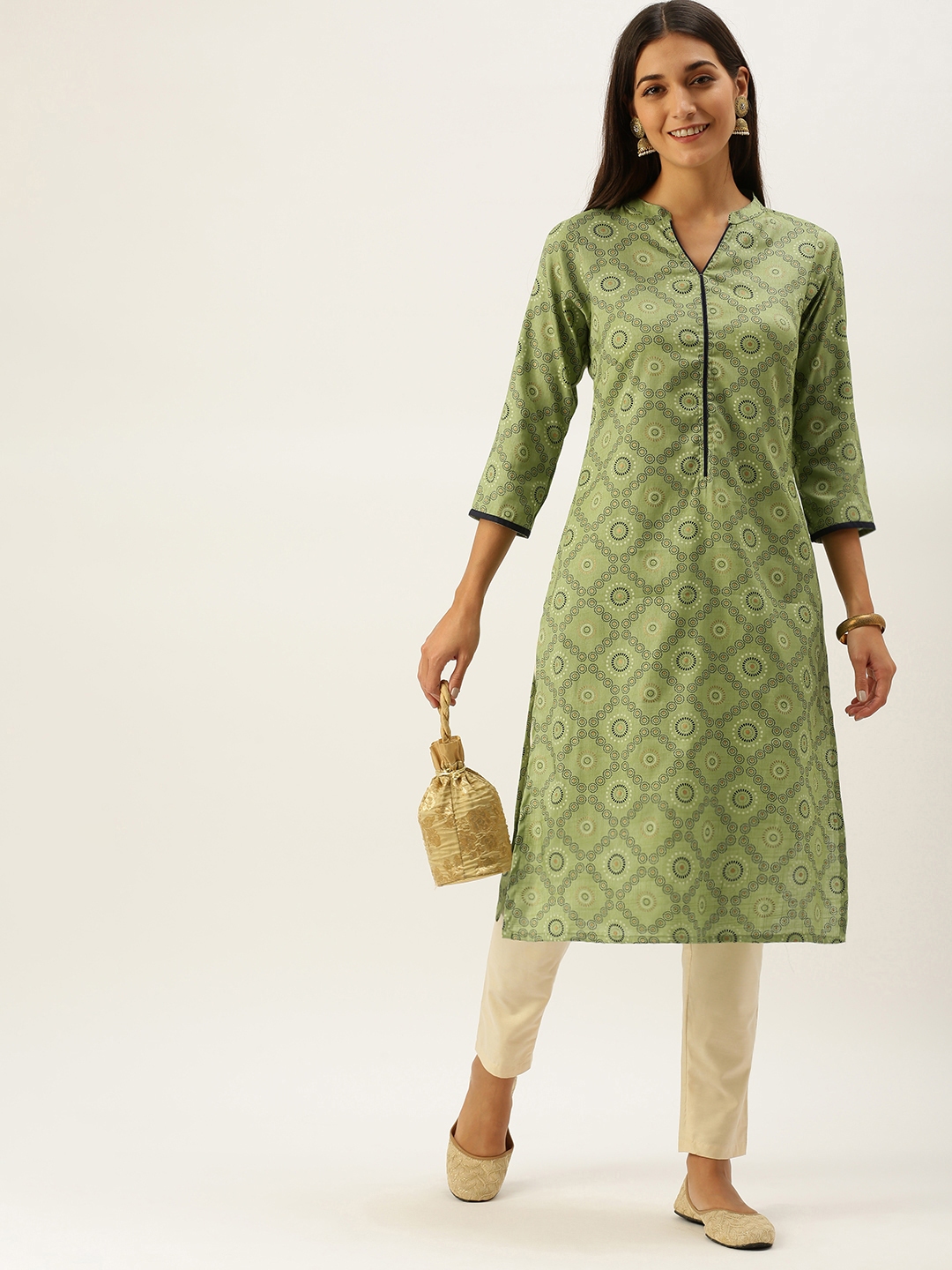 Buy Vedic Women Green Ethnic Motifs Printed Pure Cotton Kurta With