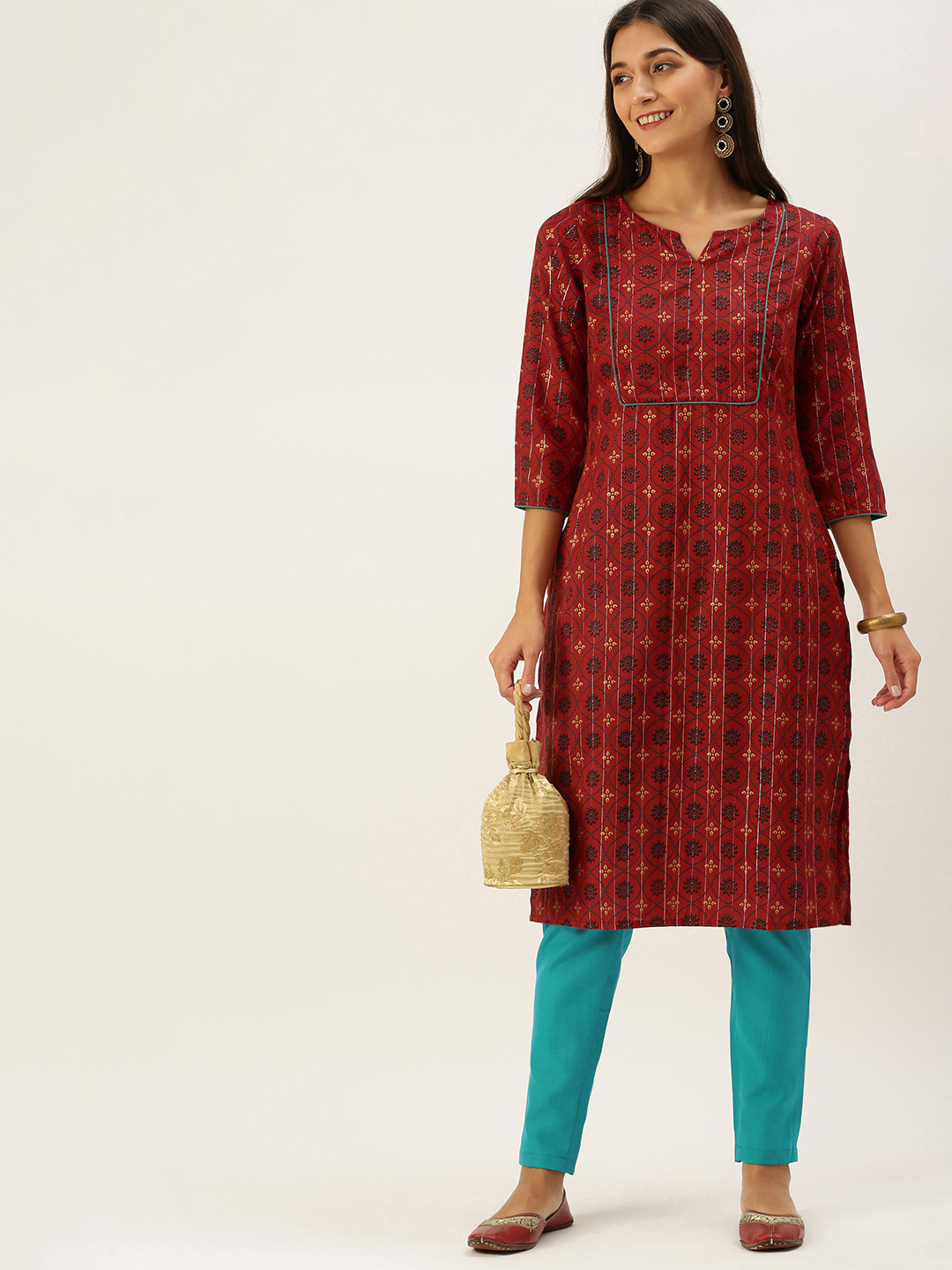 Buy Vedic Women Red Ethnic Motifs Printed Pure Cotton Kurta With ...