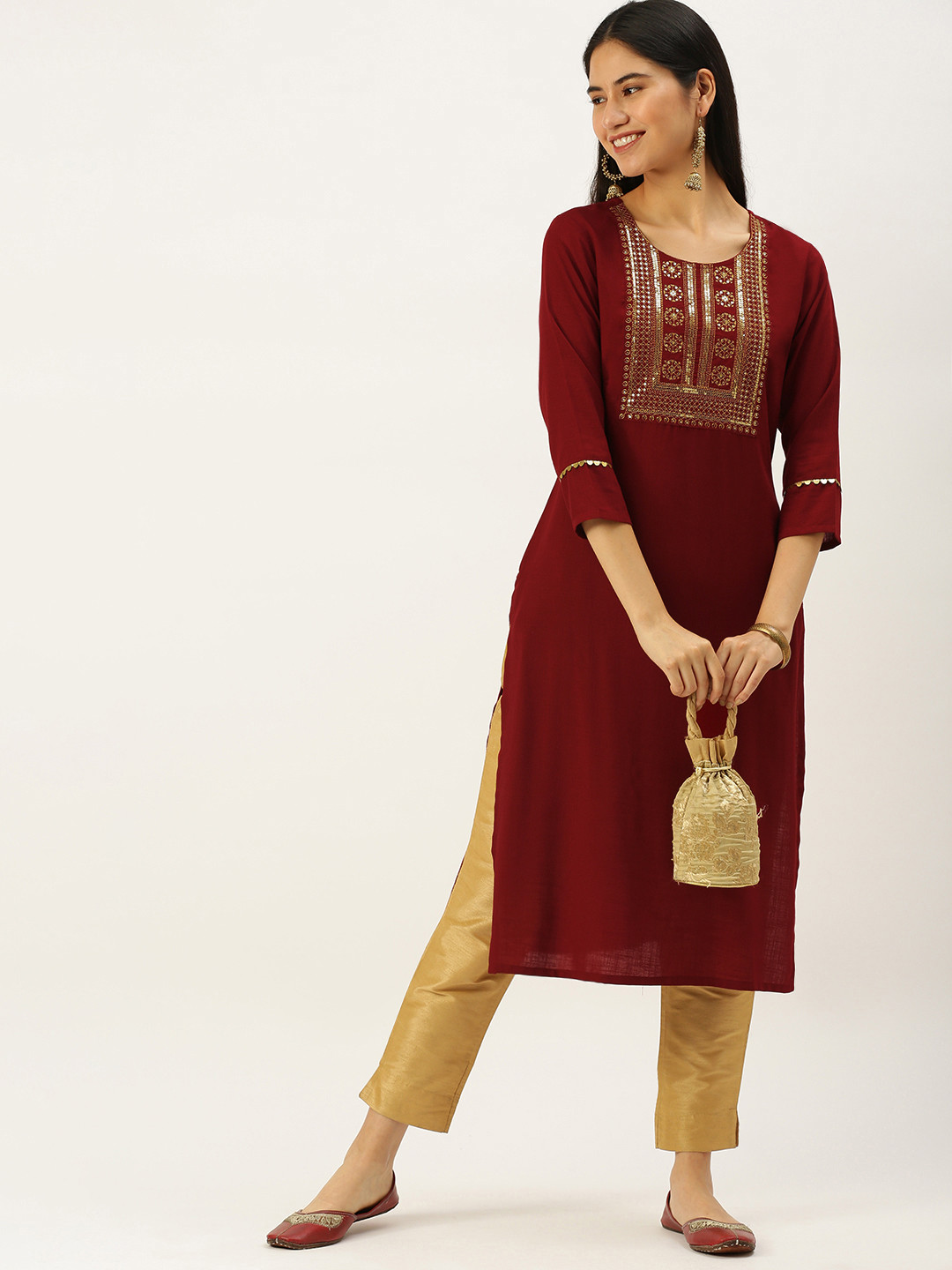 Buy Vedic Women Maroon Ethnic Motifs Yoke Design Kurta - Kurtas for ...