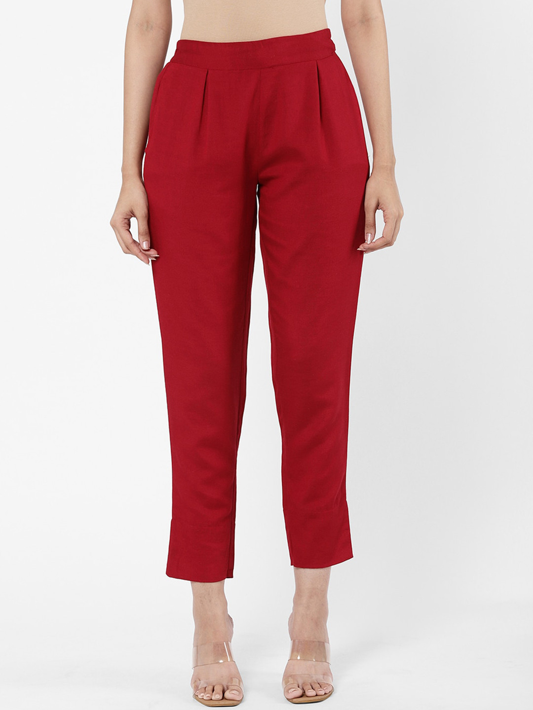 Buy R&B Women Red Relaxed Tapered Fit Pleated Trousers - Trousers for ...