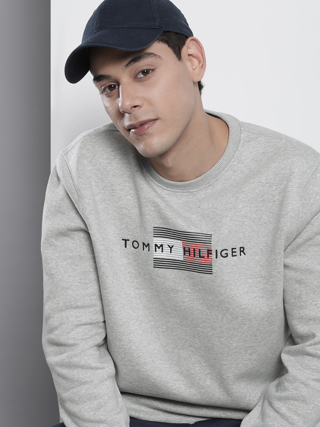 Buy Tommy Hilfiger Men Grey Melange Brand Logo Printed Sweatshirt ...