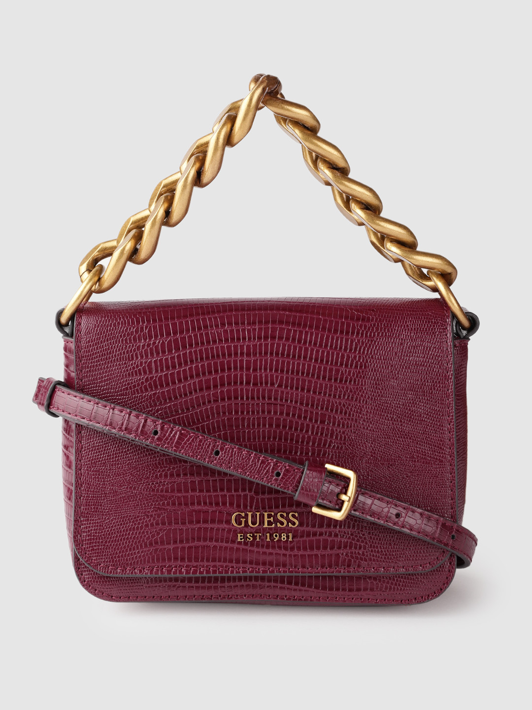 Buy GUESS Women Maroon Snake Skin Textured Structured Handheld Bag ...