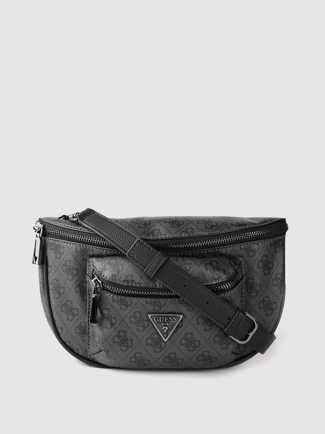 Buy GUESS Women Charcoal Grey & Black Checked & Brand Logo Print Fanny ...