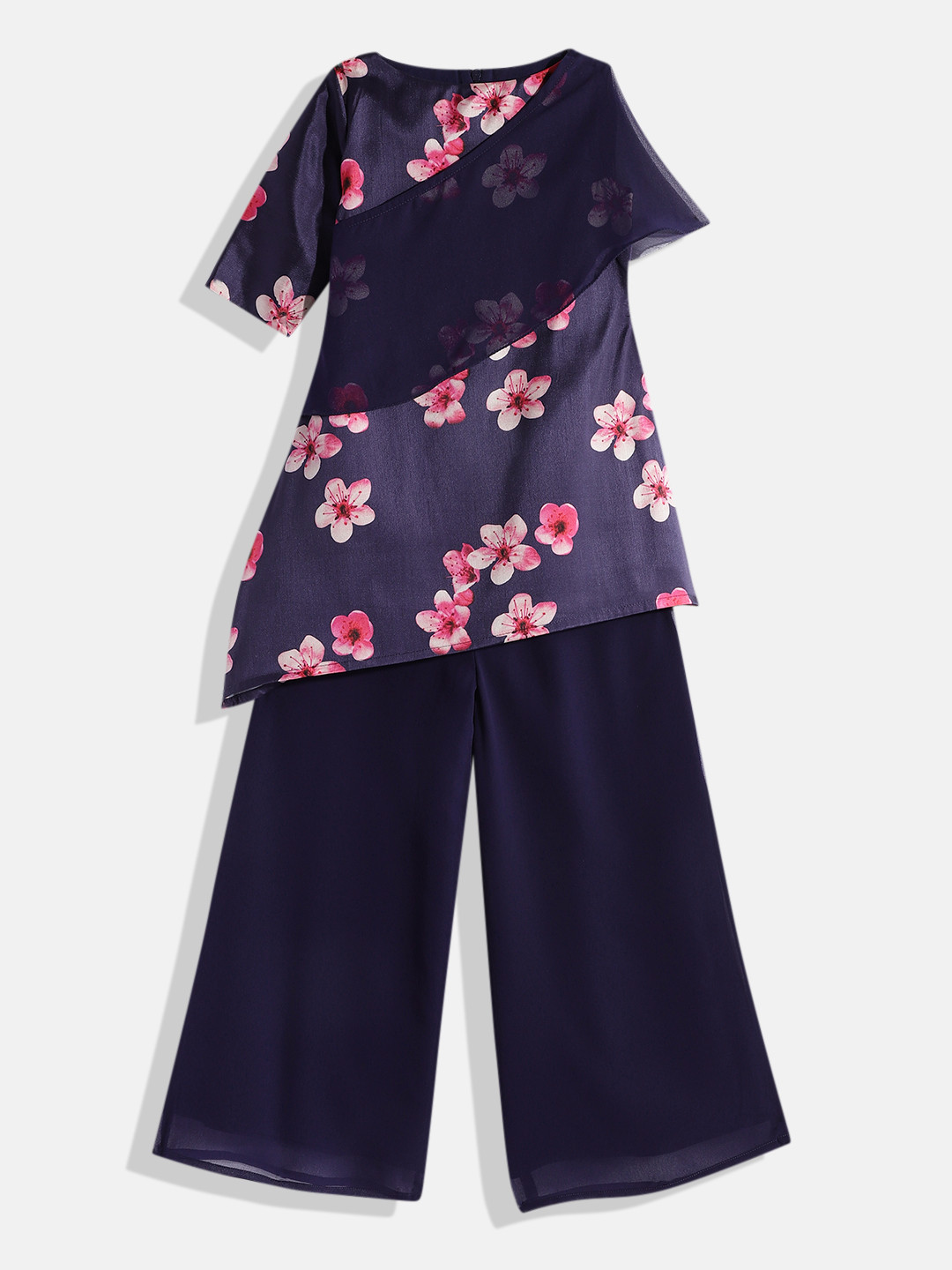 Buy Ethnovog Girls Navy Blue Pink Floral Print Made To Measure Kurti ...