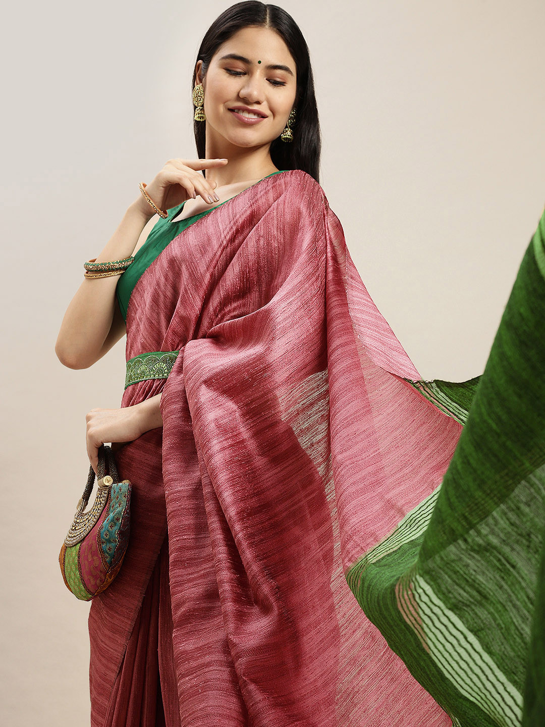 Buy Swatika Pink & Green Woven Design Bhagalpuri Saree With Unstitched ...