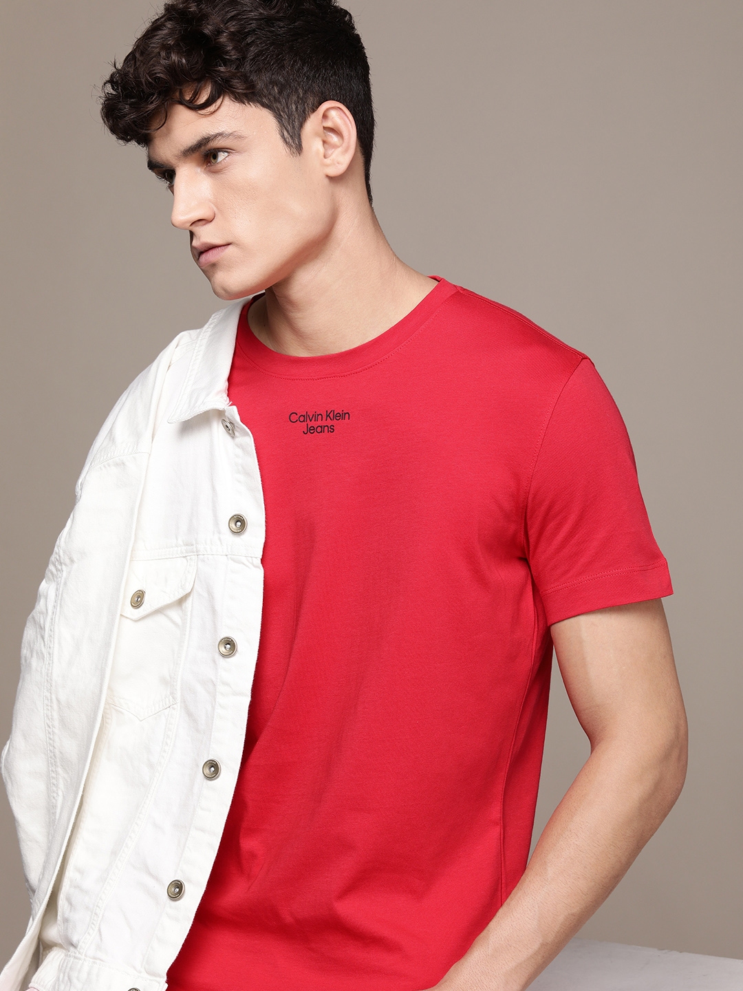 Buy Calvin Klein Jeans Men Red Applique Slim Fit Pure Cotton Casual T