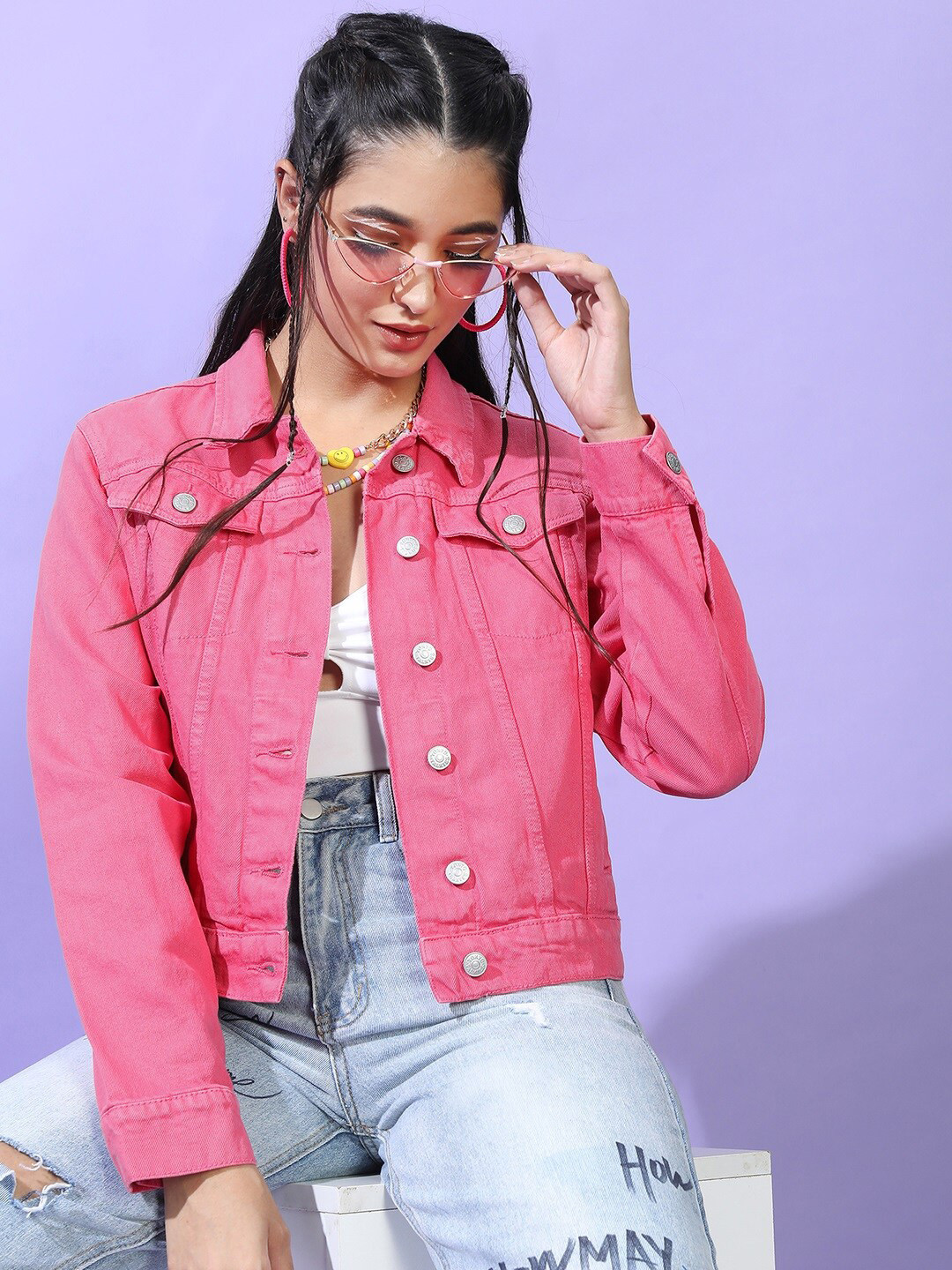 Buy Tokyo Talkies Women Pink Solid Denim Jacket - Jackets for Women ...
