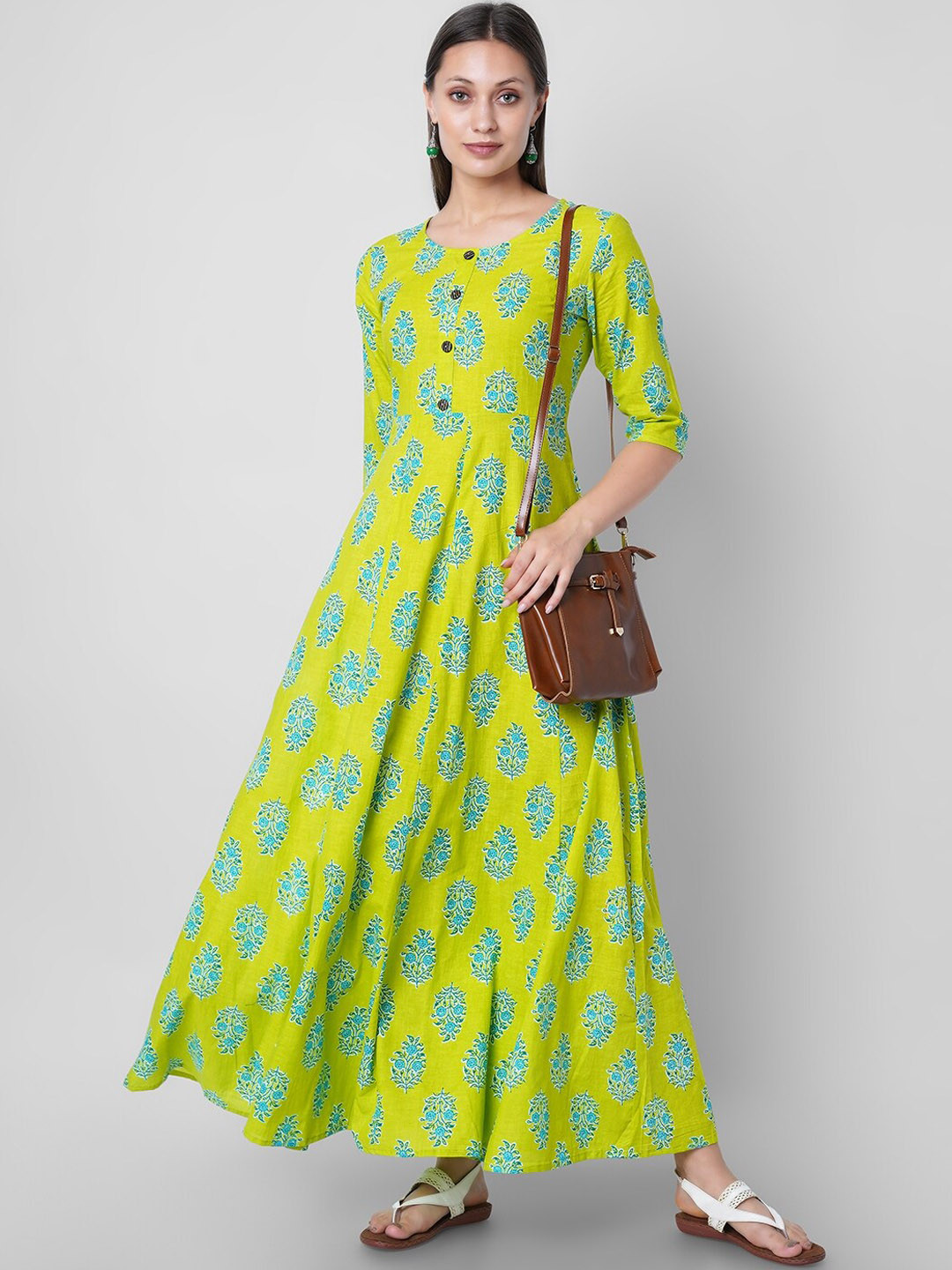Buy Sanganeri Kurti Women Green Floral Printed Patchwork Anarkali Kurta ...