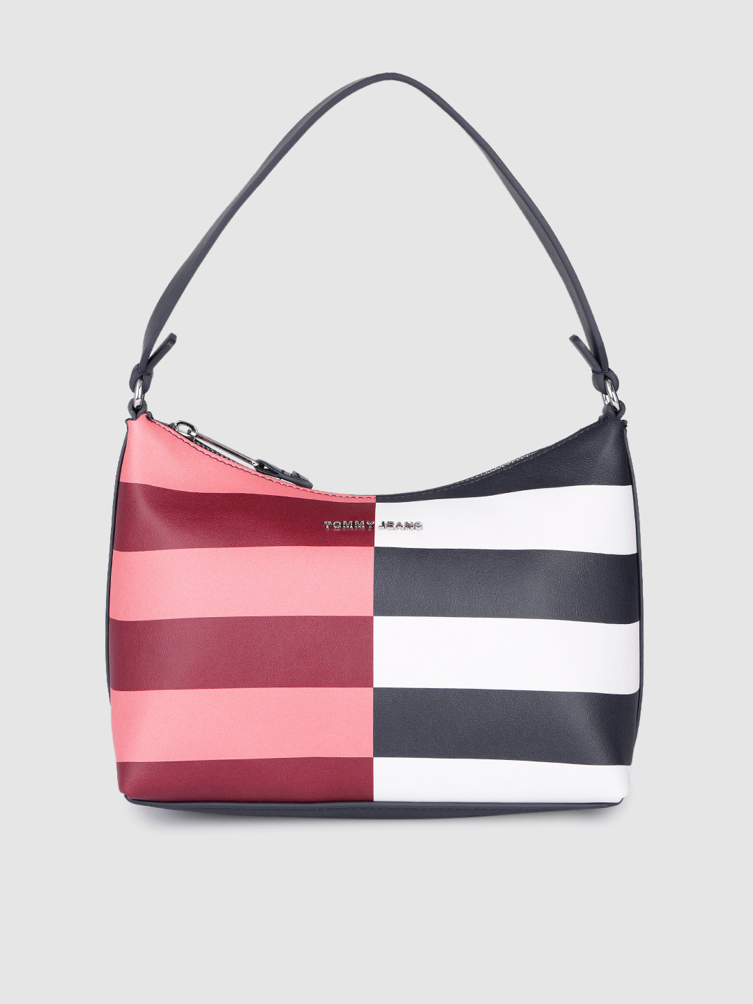 Buy Tommy Hilfiger Women Navy Blue Striped Structured Handheld Bag ...
