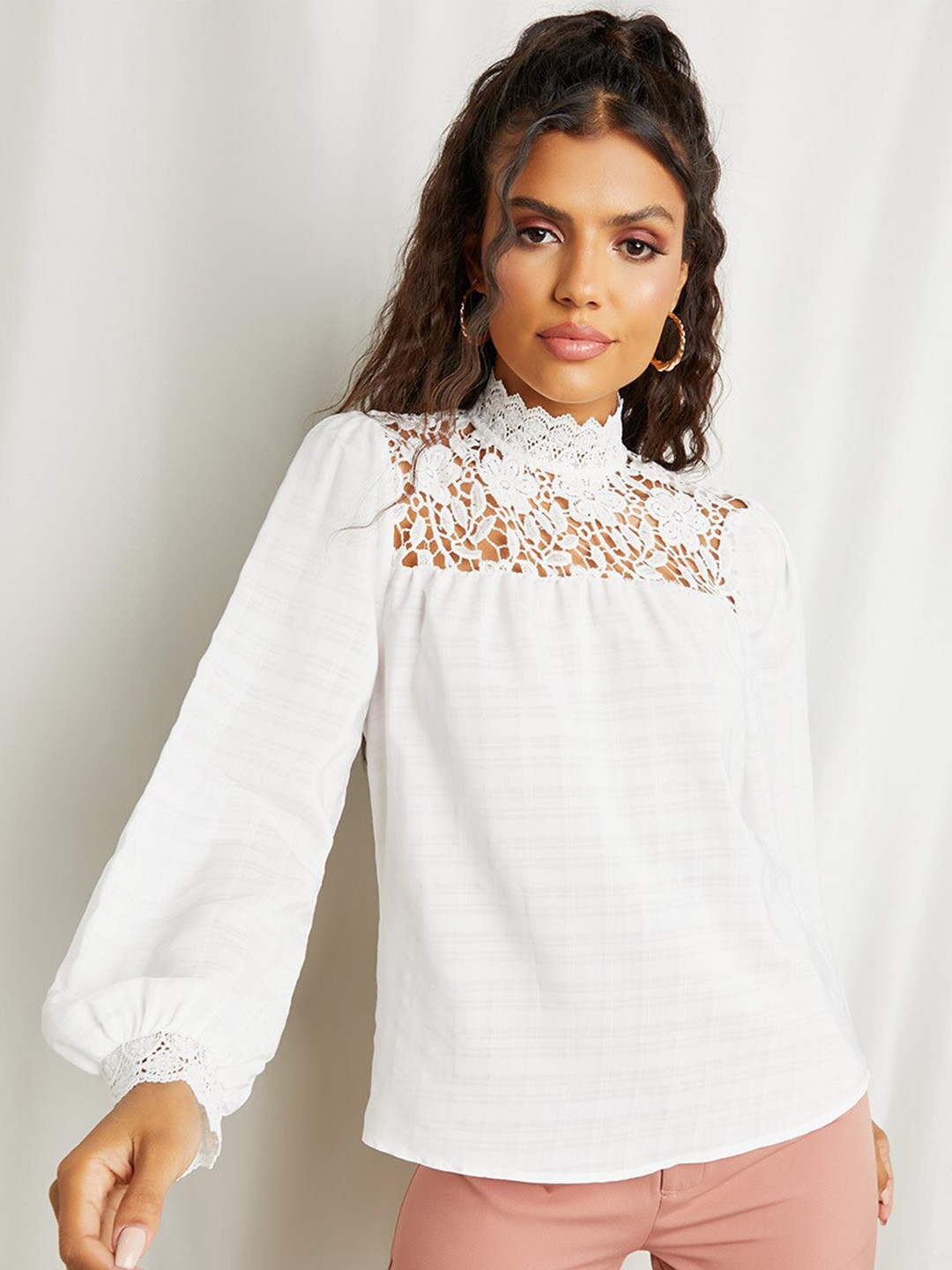 Buy Styli White Lace Insert High Neck Top With Long Sleeves - Tops for ...