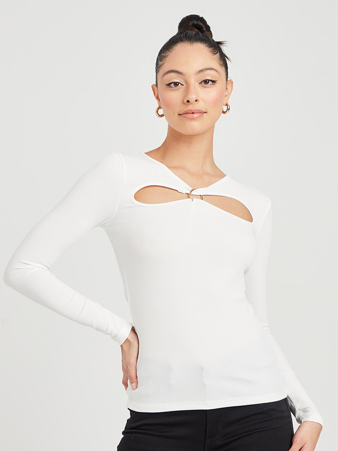 Buy Styli White Long Sleeves Cut Out Detail Ribbed Top - Tops for Women ...
