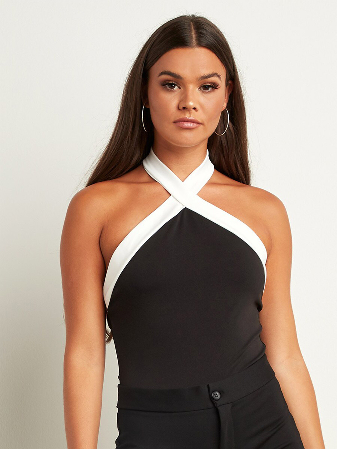 Buy Styli Black Colourblocked Halter Neck Bodysuit - Bodysuit for Women ...