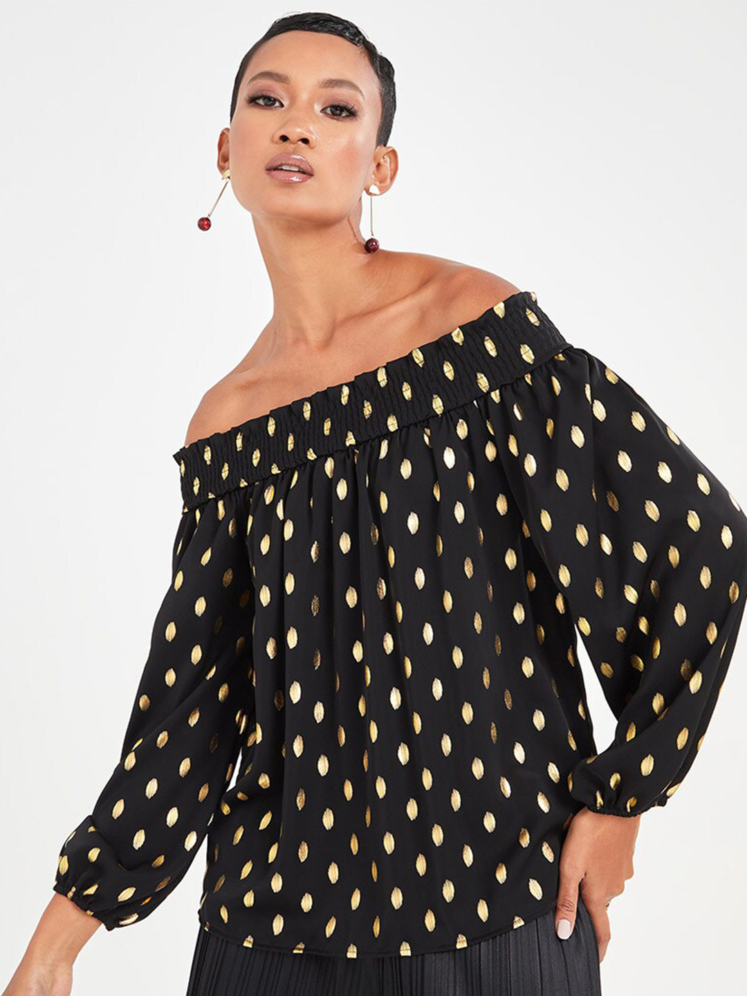 Buy Styli Black Long Sleeves Off Shoulder Polka Dot Foil Print Blouse ...