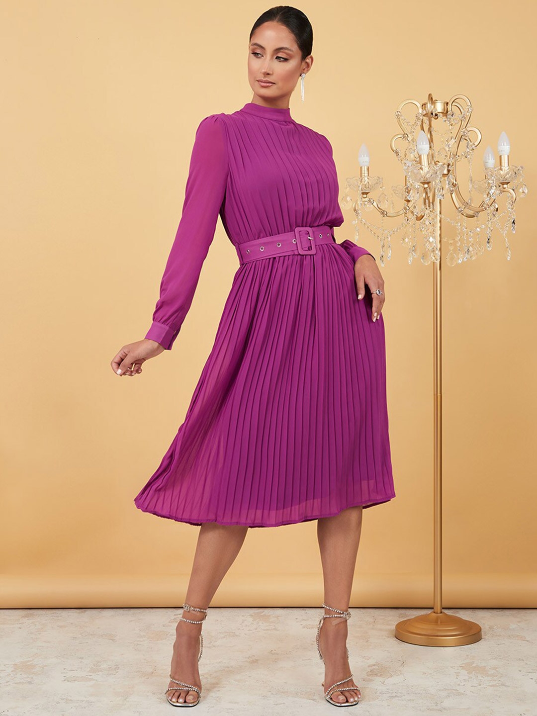 Buy Styli Women High Neck Pleated A Line Midi Dress With Belt Dresses