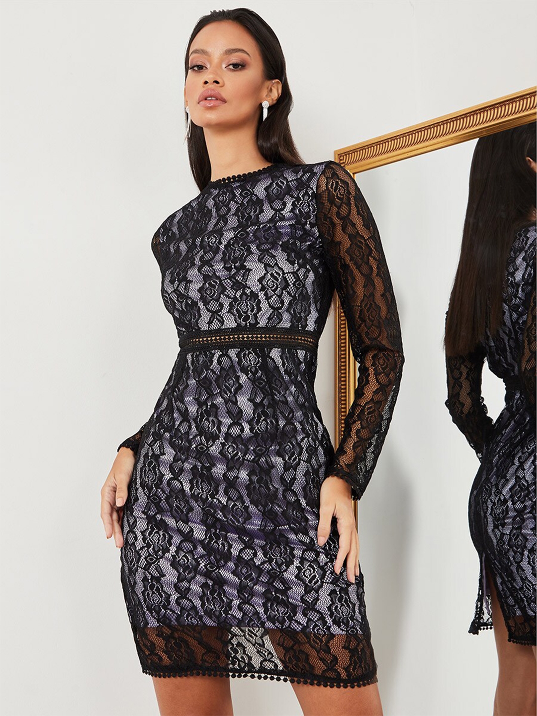 Buy Styli High Neck Lace Insert Bodycon Dress Dresses For Women
