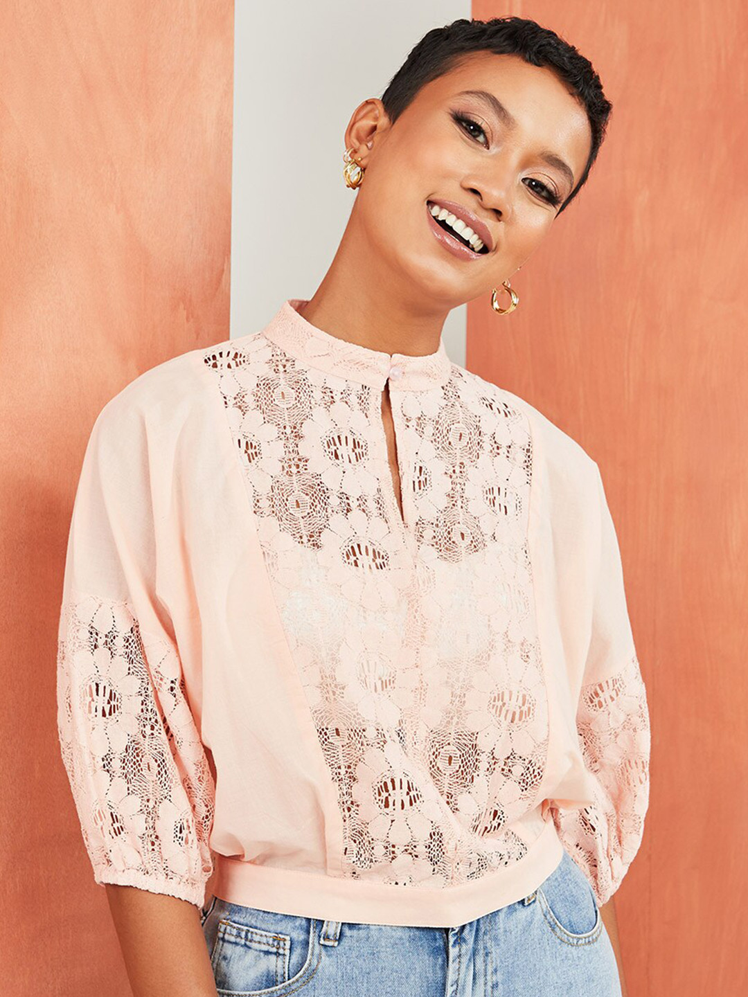 Buy Styli Pink Mandarin Collar Lace Insert Top - Tops for Women ...
