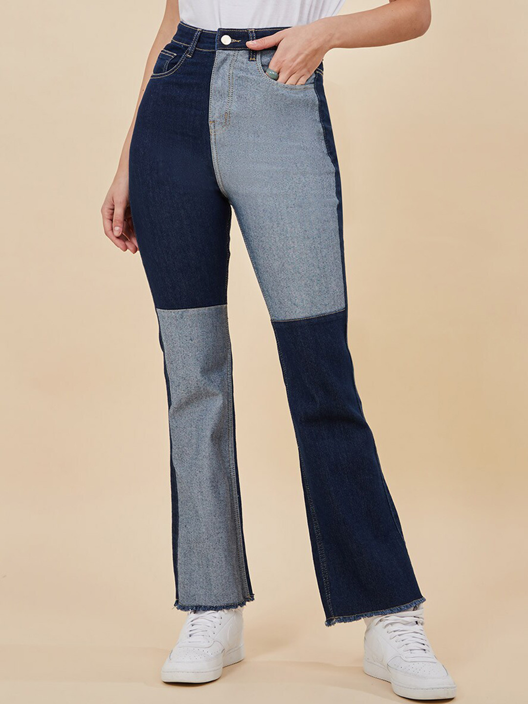 Buy Styli Women Multicoloured High Rise Colorblock Flared Jeans - Jeans ...