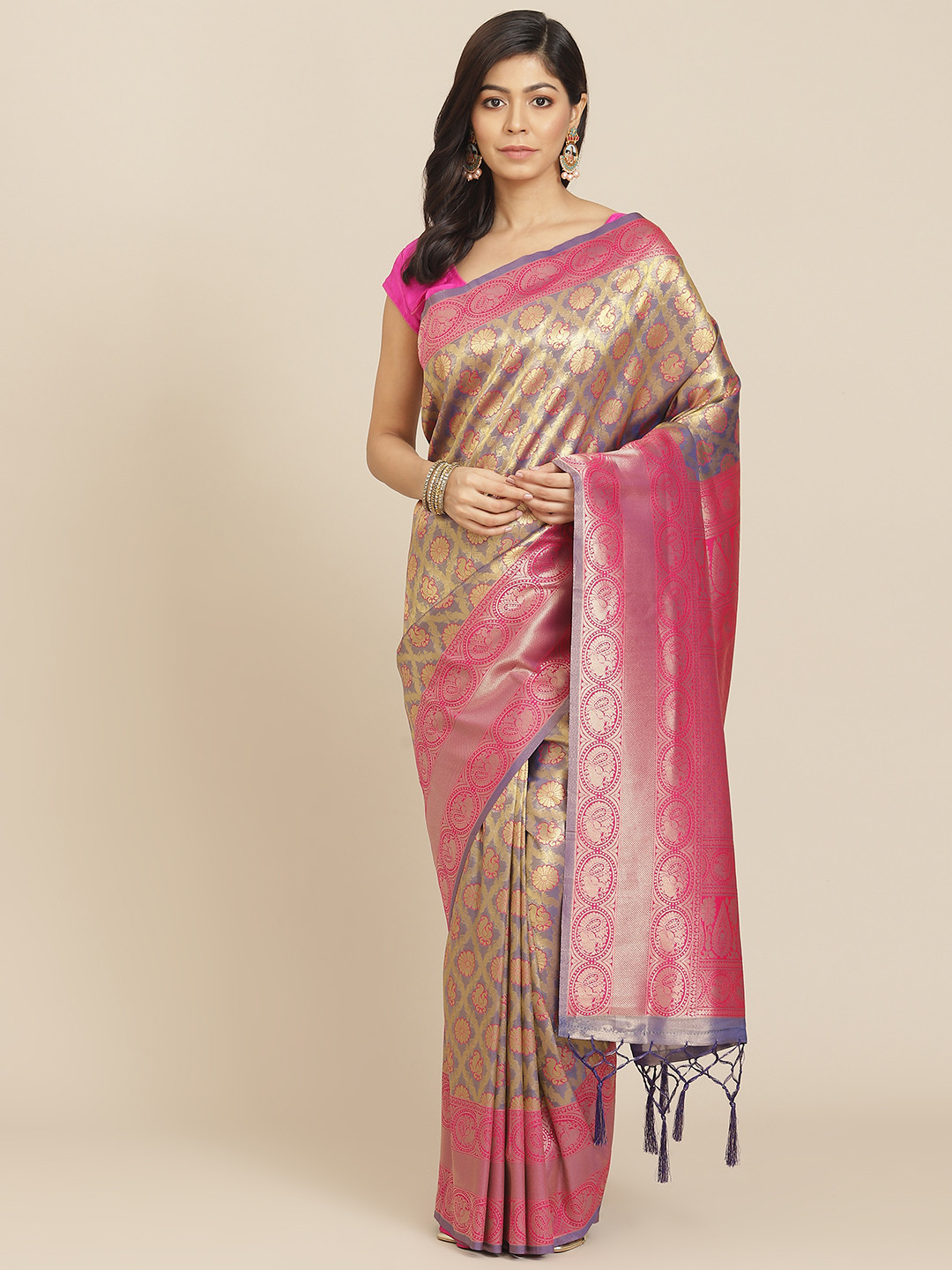 Buy AA HA Golden & Blue Woven Design Banarasi Saree - Sarees for Women ...