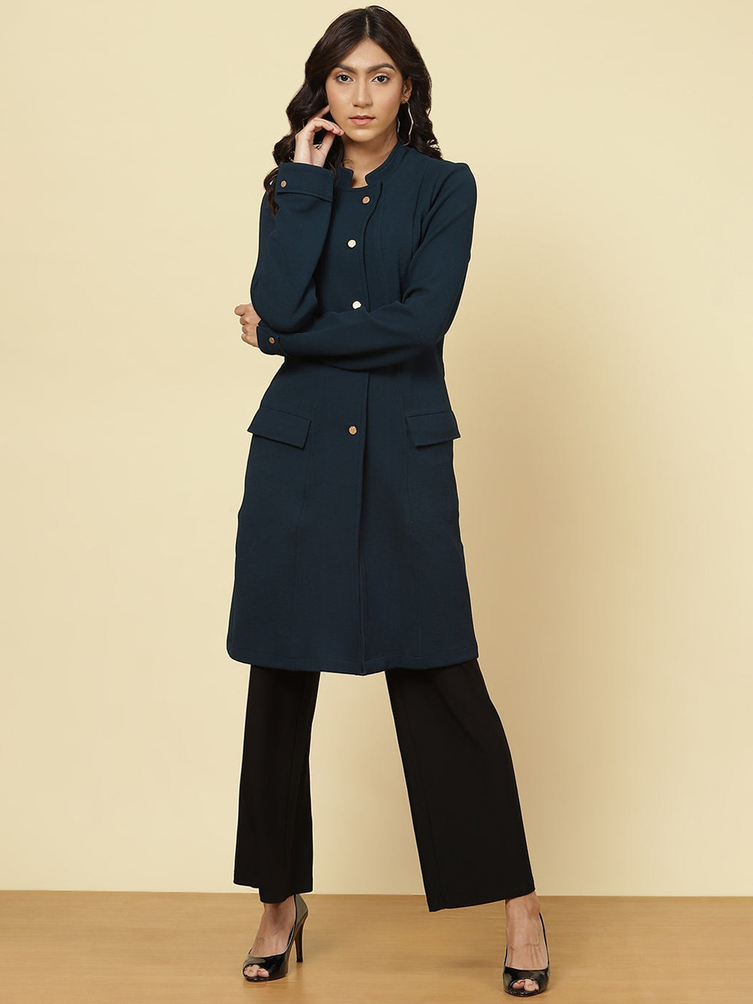 Buy Lakshita Women Turquoise Blue Solid Pea Coat - Coats for Women ...